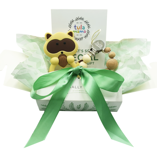 Pacifier Clip & Raccoon Teether Baby Shower Gift Set - Tulamama
